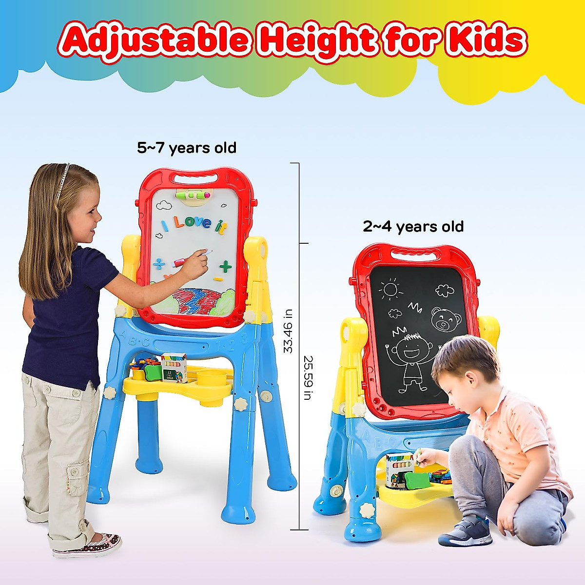 STEAM Life Easel for Kids Art Easel for Toddler Easel - 4in1 Double-Sided Large Magnetic Board Kids Chalkboard Easel Drawing White Board for Kids Magnetic Letters & Numbers Christmas Gifts for Kids