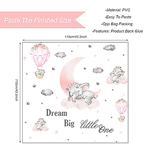 Large Pink Baby Elephant Wall Decal, MYKASEN Cute Five Elephant Dream Big Little One Wall Stickers Pink Moon Grey Stars Cloud, Removable Nursery Wall Decor for Baby Kids Boy Girl Bedroom Cradle