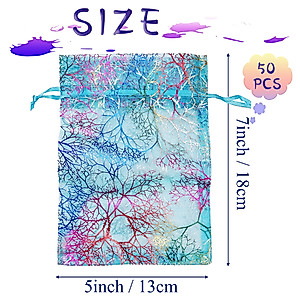 YEKOLEYO 50PCS 5X7 Inches Coral Pattern Organza Drawstring Gift Bags Blue Organza Pouch for Jewelry Candy Chocolate Party Christmas Baby Shower Wedding Favor Gift Bags