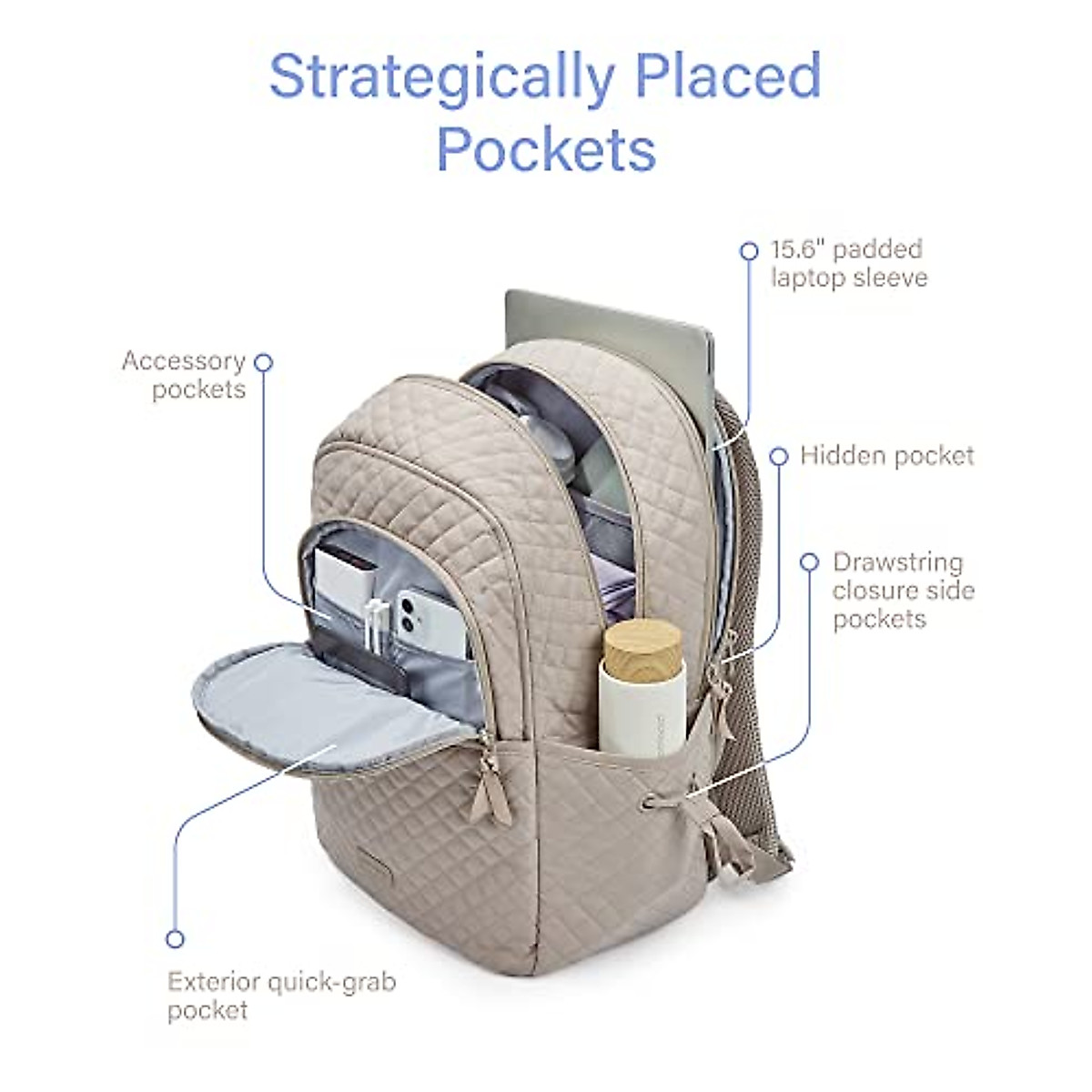 BAGSMART Travel Laptop Backpack, Quilted Work Bookbag Fits 15.6 Inch Laptop, Laptop Backpack with Charging Port Hole, Lightweight Bookbag for College Work Business, Grey