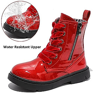 DADAWEN Boys Girls Glitter Ankle Boots Lace Up Waterproof Combat Shoes With Side Zipper for Toddler/Little Kid/Big Kid Red Glitter US Size 3 M Big Kid