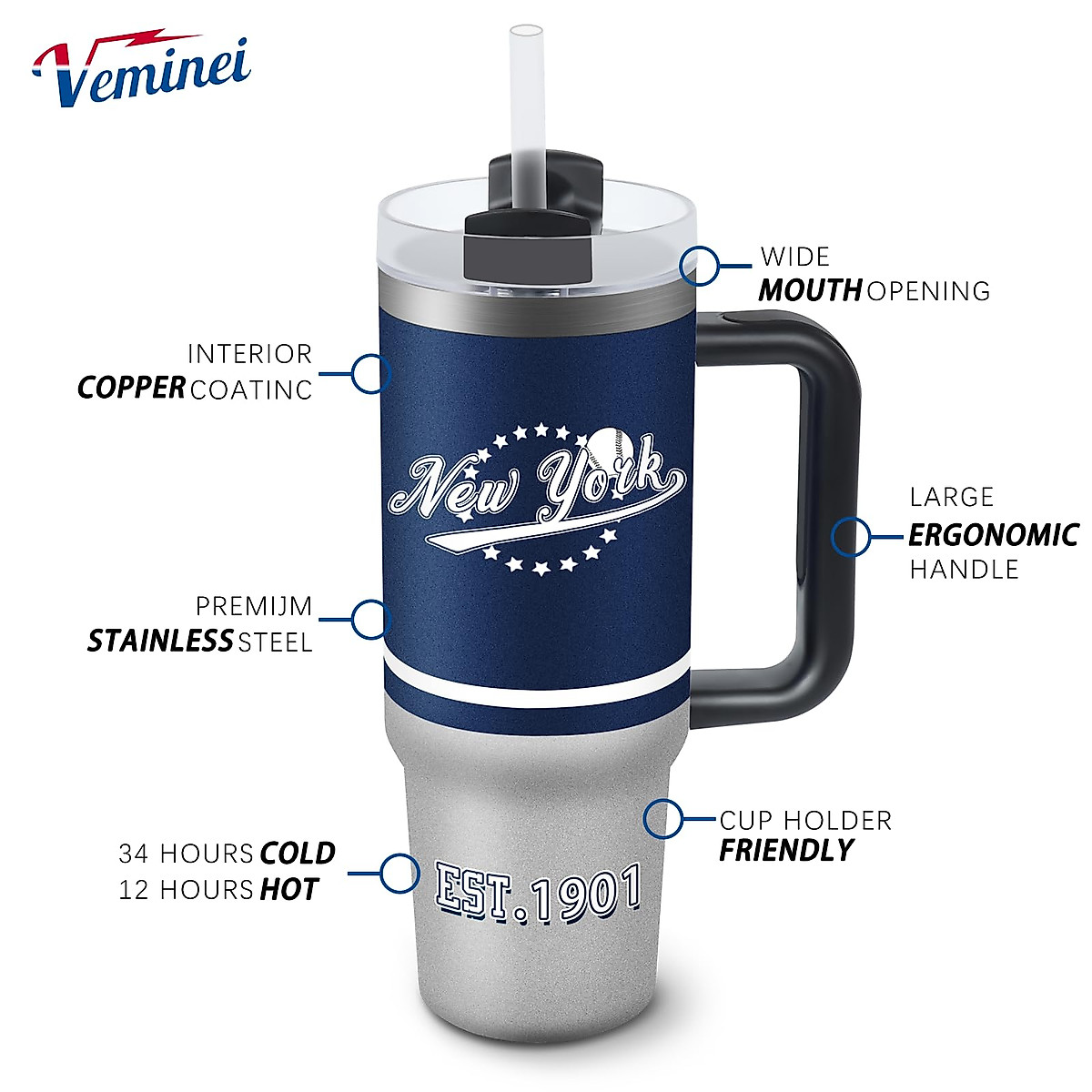 Veminei Tumbler 30oz Straight Skinny Car Cups With Insulated Cup Sleeve Portable Handle, Sports Travel Coffee Mug, Stainless Steel, Insulated,Classic Collection Gifts for Fans