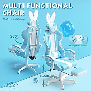 Ferghana Light Blue Gaming Chair with Bunny Ear, Cute Massage Gaming Chairs for Adults & Teens, Office PC Gamer Chair with Footrest, Kawaii Computer Game Chair for Girls, Racing Reclining Silla Gamer