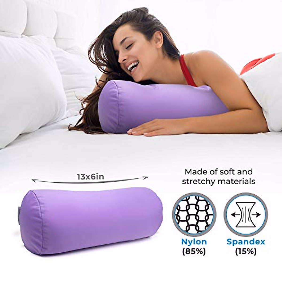 Squishy Deluxe Tube Microbead Bolster Pillow with Stay-Cool Fill & Silky Removable Cover, Flexible, Head, Neck & Back Support for Home & Away, Carrying Case, 13 x 6 inches, Grey