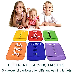 YIISUN Busy Board Early Learning Basic Life Skills Learn to Dress Boards-Button,Zip,Lace,Buckle,Tie,Snap 6 Pcs/Set