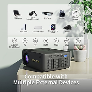 WiFi Bluetooth Projector, WEWATCH Native 1080P Mini Portable Projector, 260" Screen and 5W Speaker, Movie Projector for Outdoor Compatible with TV Stick, HDMI, iOS Android