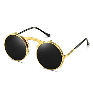 GYsnail Make the world clear Round Flip Up Sunglasses for Men, Cute Steampunk Shades with Double Lenses, Hippie Style (Gold)