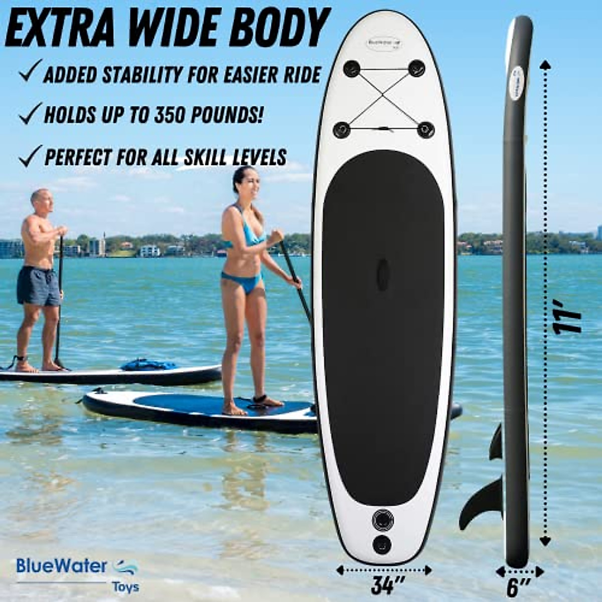 Blue Water Toys Portable Inflatable Stand Up Paddle Board Kit with Pump, Backpack, Coil Leash, and Repair Kit, SUP 350 Pound Limit, 11 Feet by 34 Inches