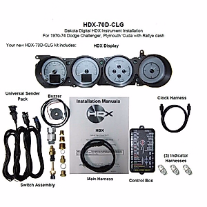 Dakota Digital HDX-70D-CLG-K Compatible with 1970-74 Dodge Challenger and 1970-74 Plymouth Cuda with Rallye Dash Customizable Analog Gauge System Black Alloy