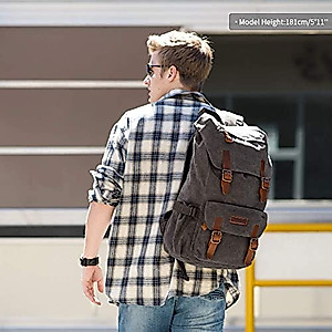 Kattee Men's Canvas Leather Hiking Backpack Travel Rucksack School Bag