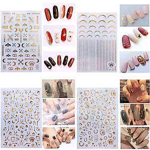TOROKOM 12 Sheets Metallic Self-Adhesive Nail Stickers for Women, 3D Metallic Star Moon Leaf Line Nail Design Stickers Decals Manicure Fingernail Decorations Gift for Women Girls