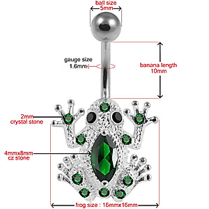 Dark Green Multi Crystal Gemstone Frog Design 925 Sterling Silver Belly Ring Body jewelry