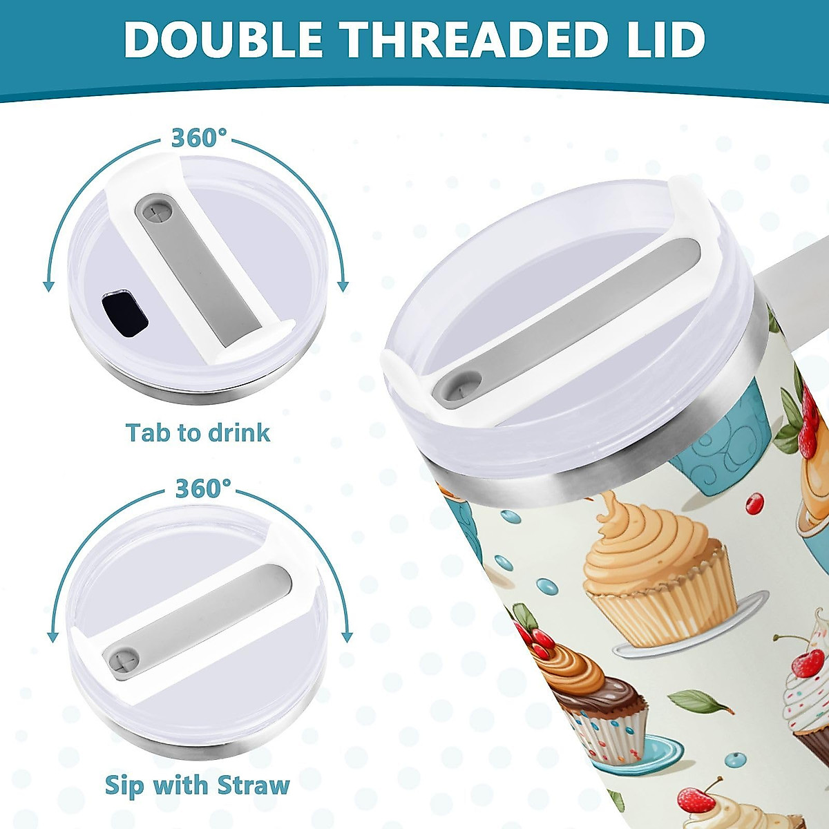 ARGTILDN 40 oz Tumbler Cupcakes Cherry Leaves Insulated Travel Mug with Handle and Straw Lid Stainless Steel Vacuum Coffee Cup Tea Beverage Container Water Bottles for Car Sports office