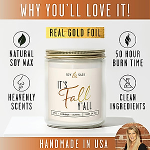 Fall Candles - 'It's Fall Yall' Fall Candle w/Apple Cinnamon & Nutmeg I Infused with Essential Oils I Autumn Fall Scented Candles I Cozy Cute Fall Décor Fall Gifts I 9oz Jar I 50Hr Burn I Made in USA
