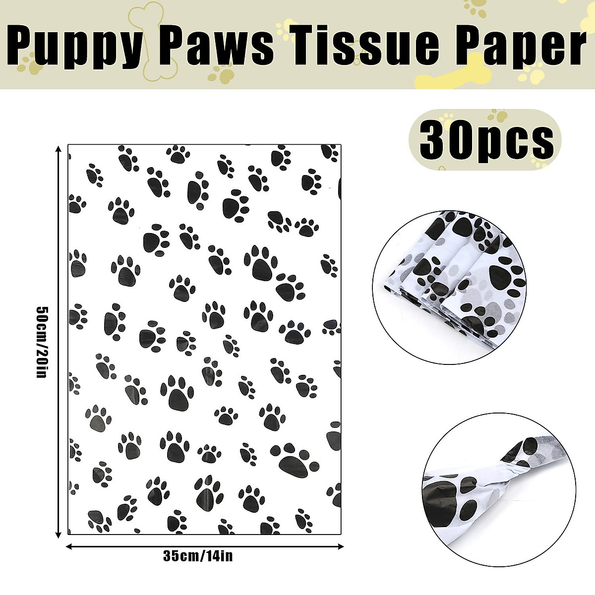 30pcs Tissue Paper Sheets, 20x14in Dog Paw Tissue Paper Cute Tissue Paper Bulk for Packaging Christmas Wedding Birthday Party DIY Crafts Arts (White Background)