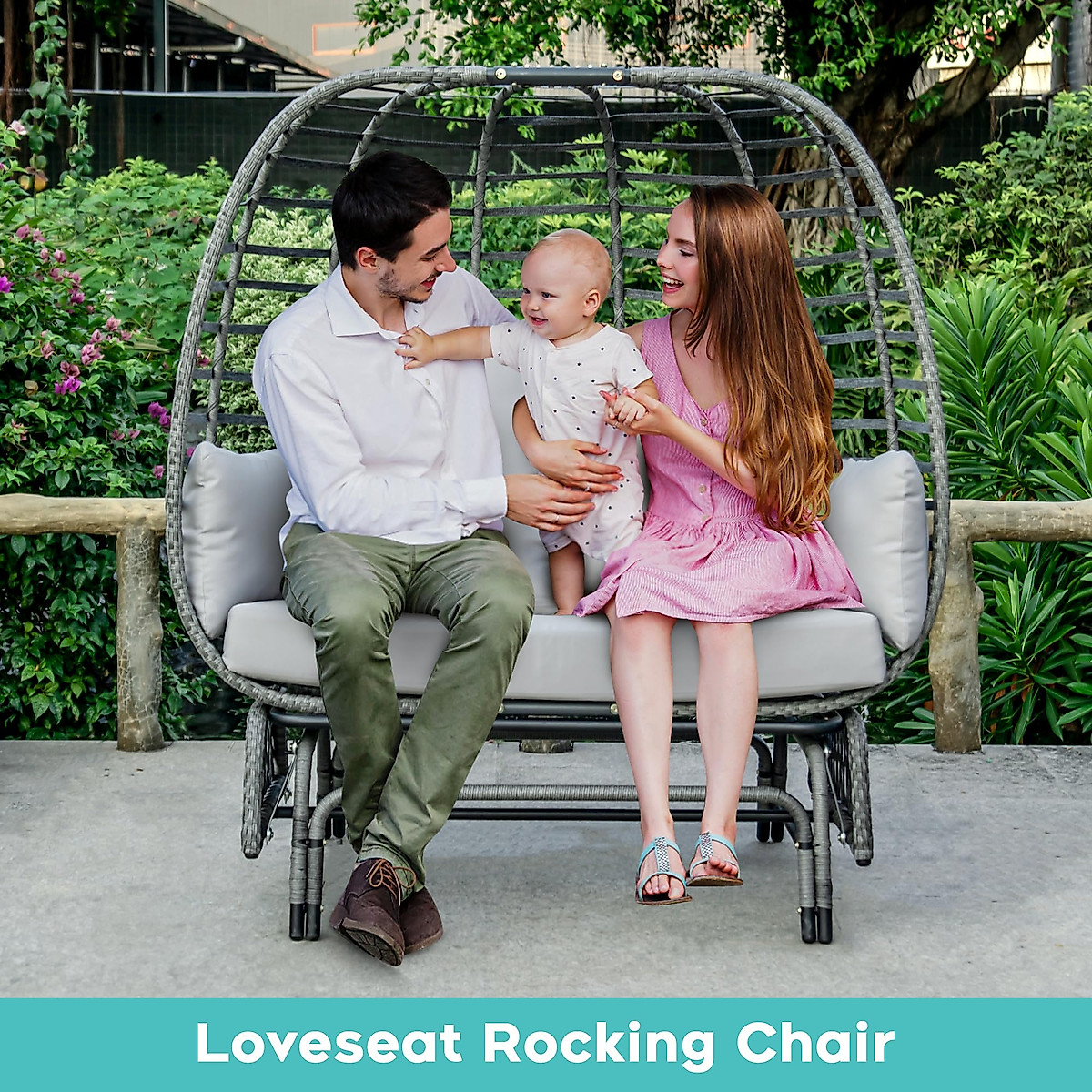 Outdoor Double Egg Chair Patio Chairs - 500lbs Capacity for 2 Person, Oversized Wicker Rocking Glider Chair with Steel Stand, Hand-Woven Lounge Chair Nest Loveseat for Indoor, Porch, Backyard, Balcony