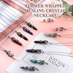 12 Pcs Healing Crystal Necklace Hexagonal Healing Crystal Flower Wrapped Crystal Point Pendant Necklace Healing Pendents Natural Quartz Point Necklace with Chain for Women (Bronze Flower Silver Chain)