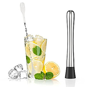 YEAJOIN 4PCS Stainless Steel Cocktail Muddler and Long Mixing Bar Spoon Set Home Kitchen Rest Bar Tools Stirrers for Drink Mint Fruit Crusher, 8 Inch