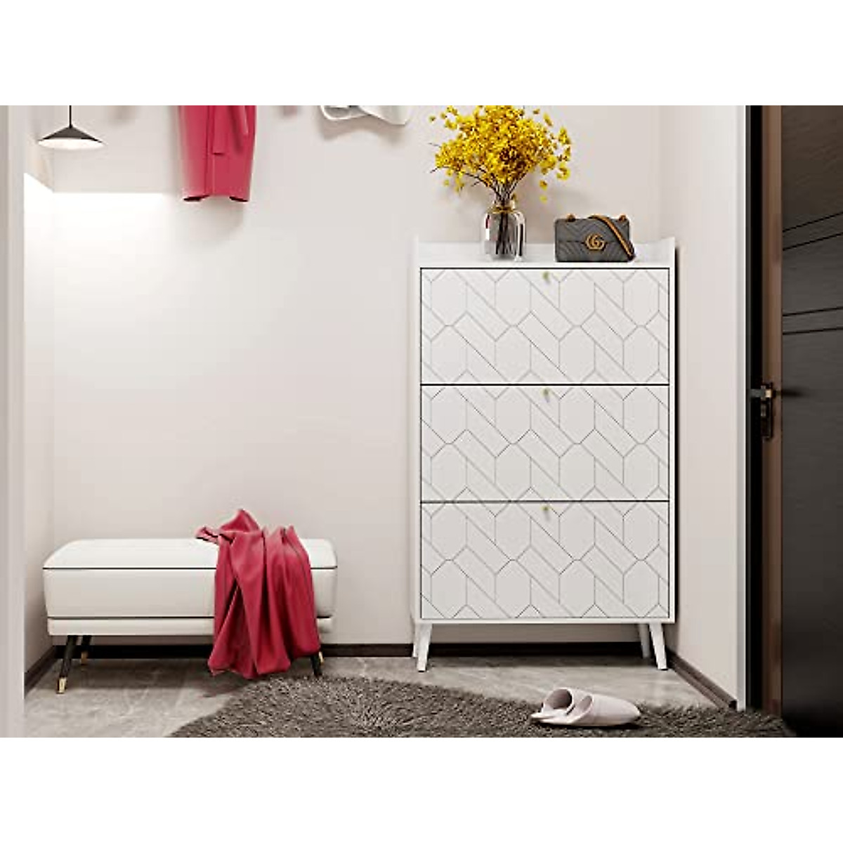 Henf White Wood Shoe Cabinet,Freestanding Shoe Rack Storage Organizer with 3 Flip Drawers and Wood Legs,Modern Slim Shoe Storage Cabinet for Entryway,Hallway