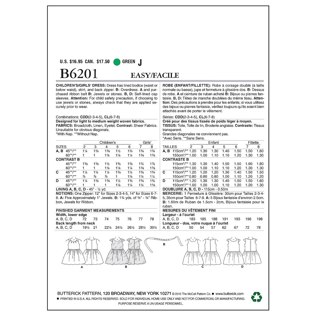 Butterick Patterns 6201, Children's/Girls Dress,Sizes, CDD (2-3-4-5), White