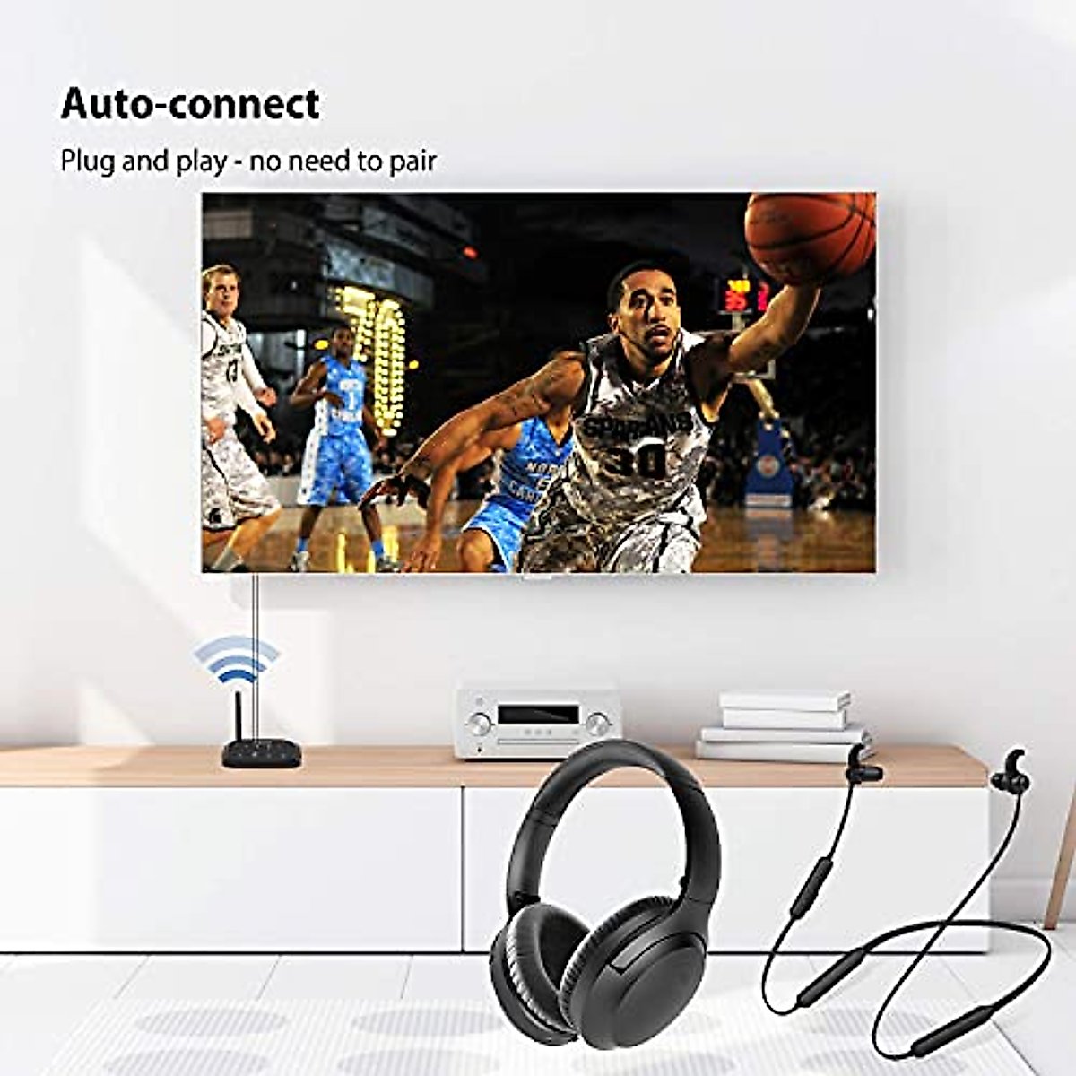 Avantree HT5006 & Aria - Wireless Headphones Earbuds for TV Watching w/Bypass Bluetooth Transmitter & Bluetooth 5.0 Active Noise Cancelling Headphones with No Audio Delay with theTransmitter
