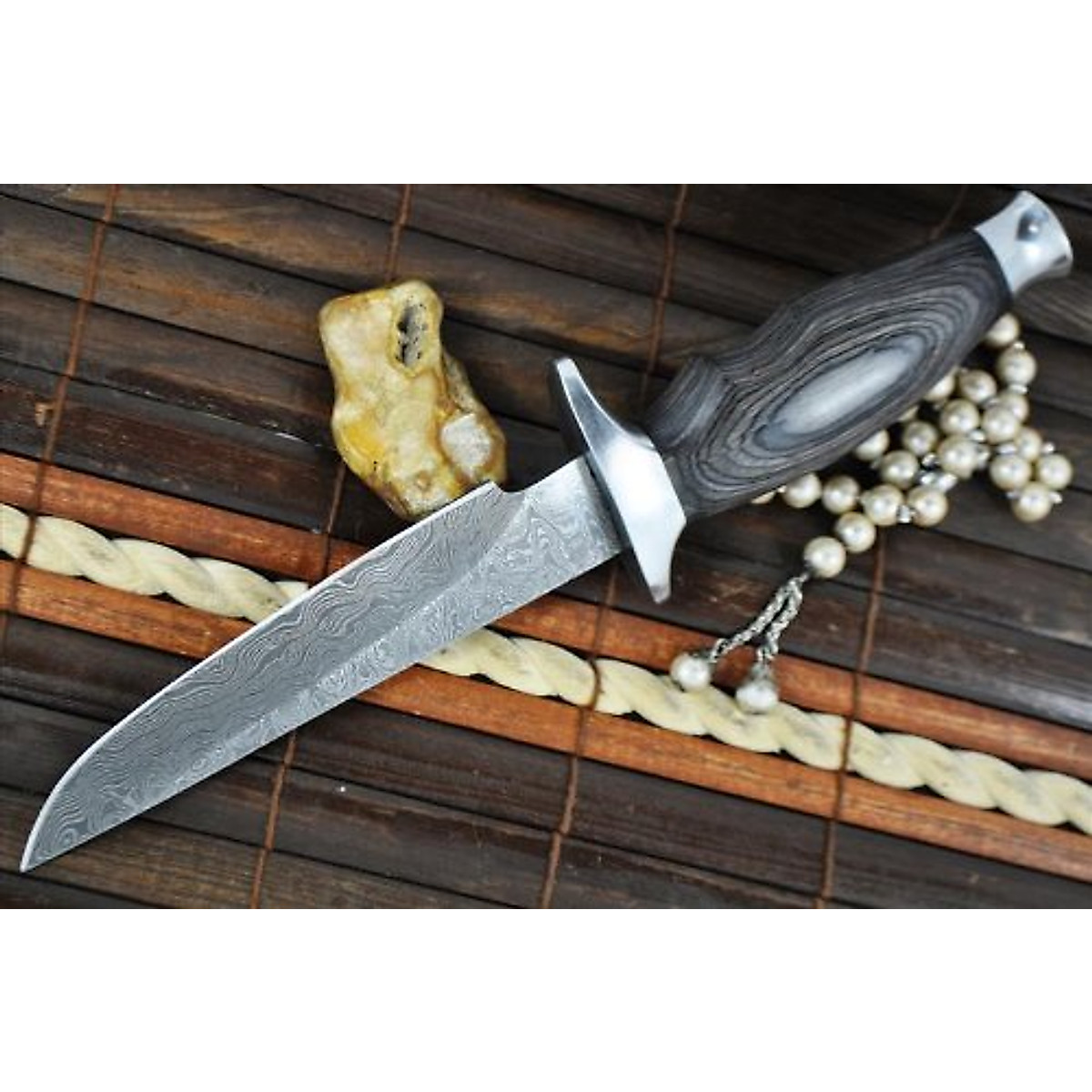 Perkin Damascus Steel Hunting Knife with Leather Sheath