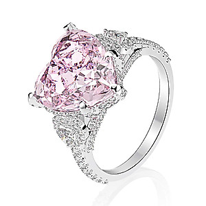 Women's S925 Silver Ring 15ct Heart Shaped High Carbon Diamond Ring Luxury Engagement Wedding Ring (5#-9#) (pink7)