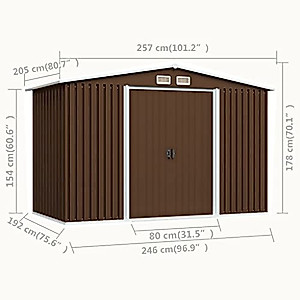 Garden Metal Storage Shed | Outdoor Tool Shed Storage Room with Vents | Storage Sheds with Door for Outside Patio Backyard Yard Lawn | Brown Galvanized Steel 101.2" x 80.7" x 70.1"