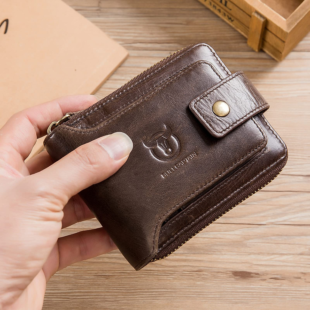 LUKZIJAES Genuine Leather Wallet for Men RFID Blocking Large Capacity Card Case with Zipper ID Window Coin Pocket (#2-Coffee)