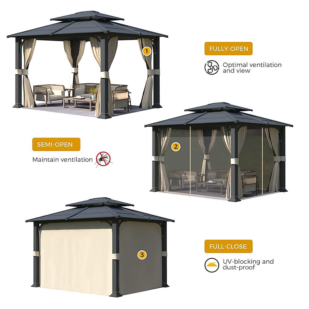 YOLENY 10'x12' Gazebo with Galvanized Steel Roof, Hardtop Double Roof with Anti-Rust Coating, Outdoor Gazebos with Curtains and Netting, Sunshade for Gardens, Lawns, Deck