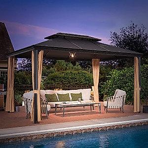 Greesum 10'x13' Hardtop Polycarbonate Gazebo, Outdoor Steel Double Roof Canopy, Aluminum Frame Permanent Pavilion with Netting and Curtains for Lawns, Patio, Backyard and Deck