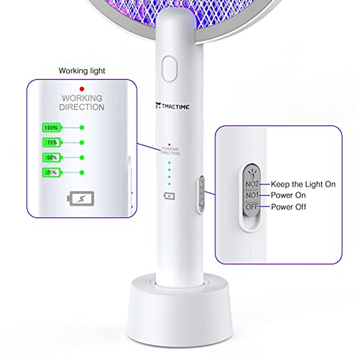 TMACTIME Electric Fly Swatter 4000V Bug Zapper Racket 2 in 1 Fly Zapper with USB Rechargeable Base and 3-Layer Safety Mesh for Bedroom Kitchen Patio and Outdoors