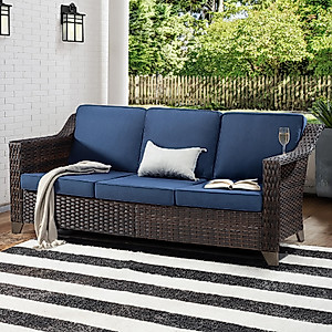 MeetLeisure 77'' Patio Sofa, All Weather Outdoor Rattan Wicker 3-Seat Sofa High Back Couch with Premium Cushions for Garden Backyard Porch(Brown/Navy)