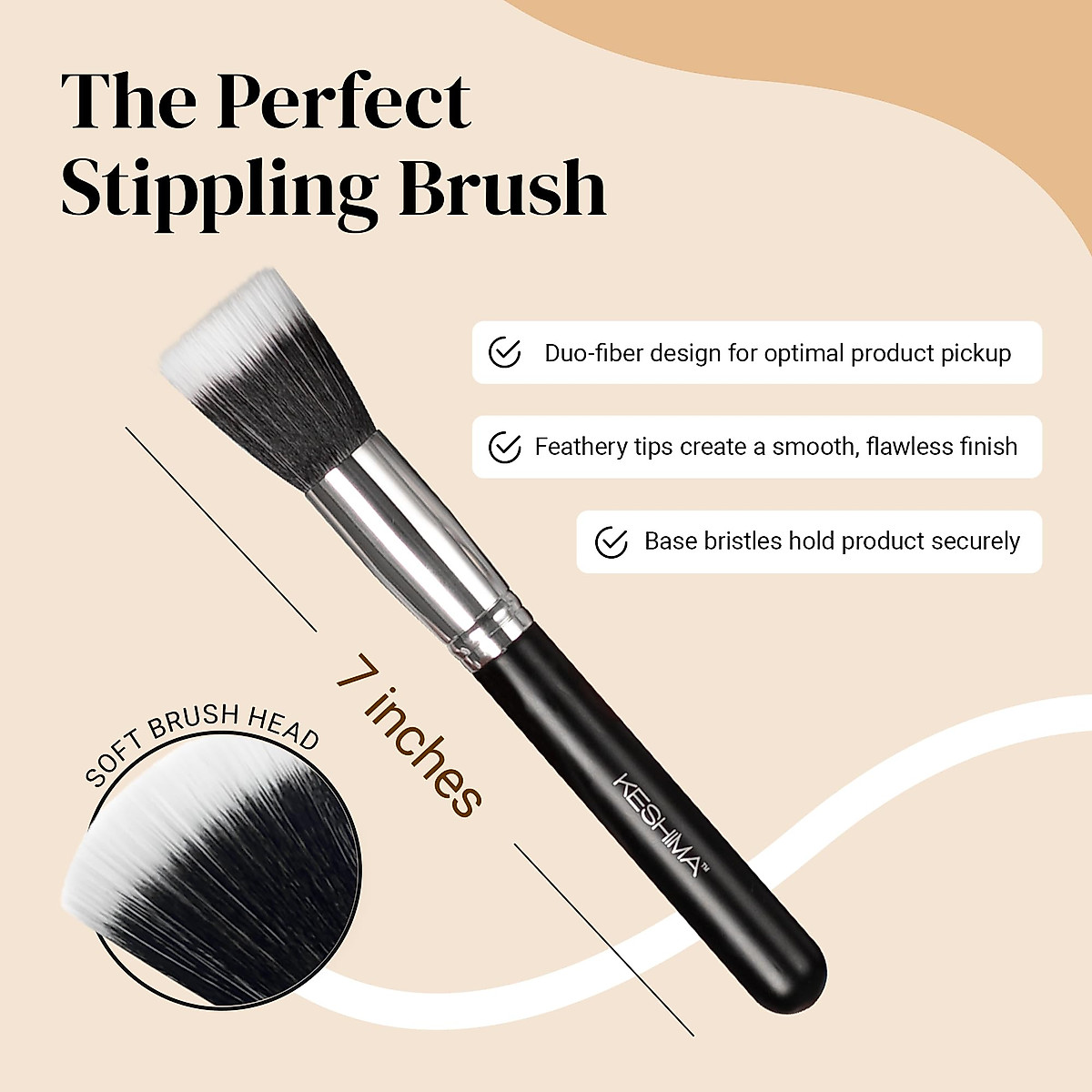 Keshima Duo-Fiber Stippling Brush - Premium Stipple Brush for Powder and Liquid Makeup Foundation