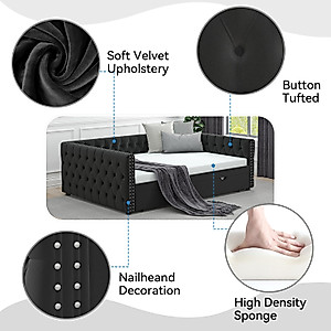 KINFFICT Velvet Full Daybed with Twin Trundle, Modern Upholstered Full Size Day Bed Button-Tufted Sofa Daybed Frame with A Roll-Out Trundle (Black)