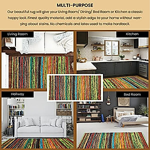 India Artistic Multi Color Chindi Rag Rug 4X6' | Hand Woven Rug & Reversible Rug | Recycled Cotton Chindi Rug for Living Room Kitchen | Rustic Rug | Cotton Rug | Runner Rugs (Green Colour)