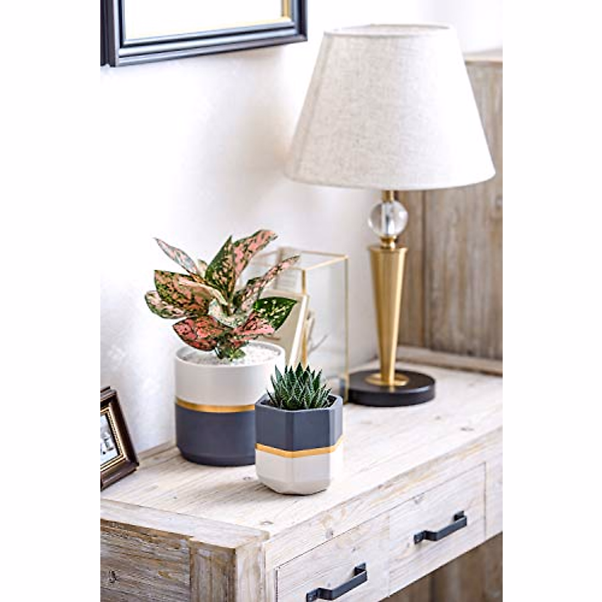 Mkono Ceramic Flower Pots for Indoor Plants 6 Inch and 4.8 Inch Modern Decorative Planters, Set of 2 Geometric Gardening Pots with Drainage for All House Plants (Plants NOT Included)