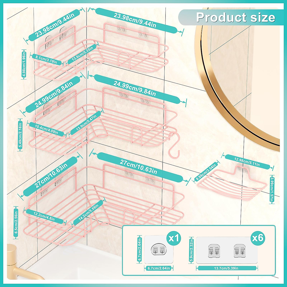 TOVE KNIGHTY Pink Shower Caddy, 4 Pack Corner Shower Shelves, Shower Organizer Shelf with Soap Dish and Hooks, No Drilling Self Adhesive Rustproof Shower Rack for Bathroom Kitchen Storage