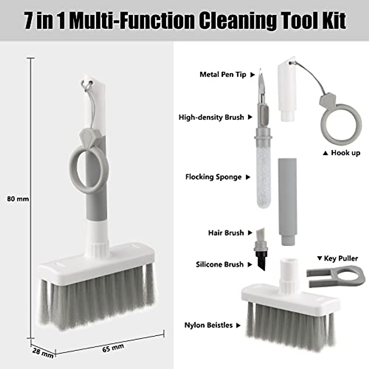 Soft Brush Keyboard Cleaner, Computer Cleaning Tool Kit, 7 in 1 Multipurpose Corner Slit Duster Keycap Puller and Soft Microfiber Brush for Bluetooth Headset Lego Airpods Laptop Camera Lens (Grey)