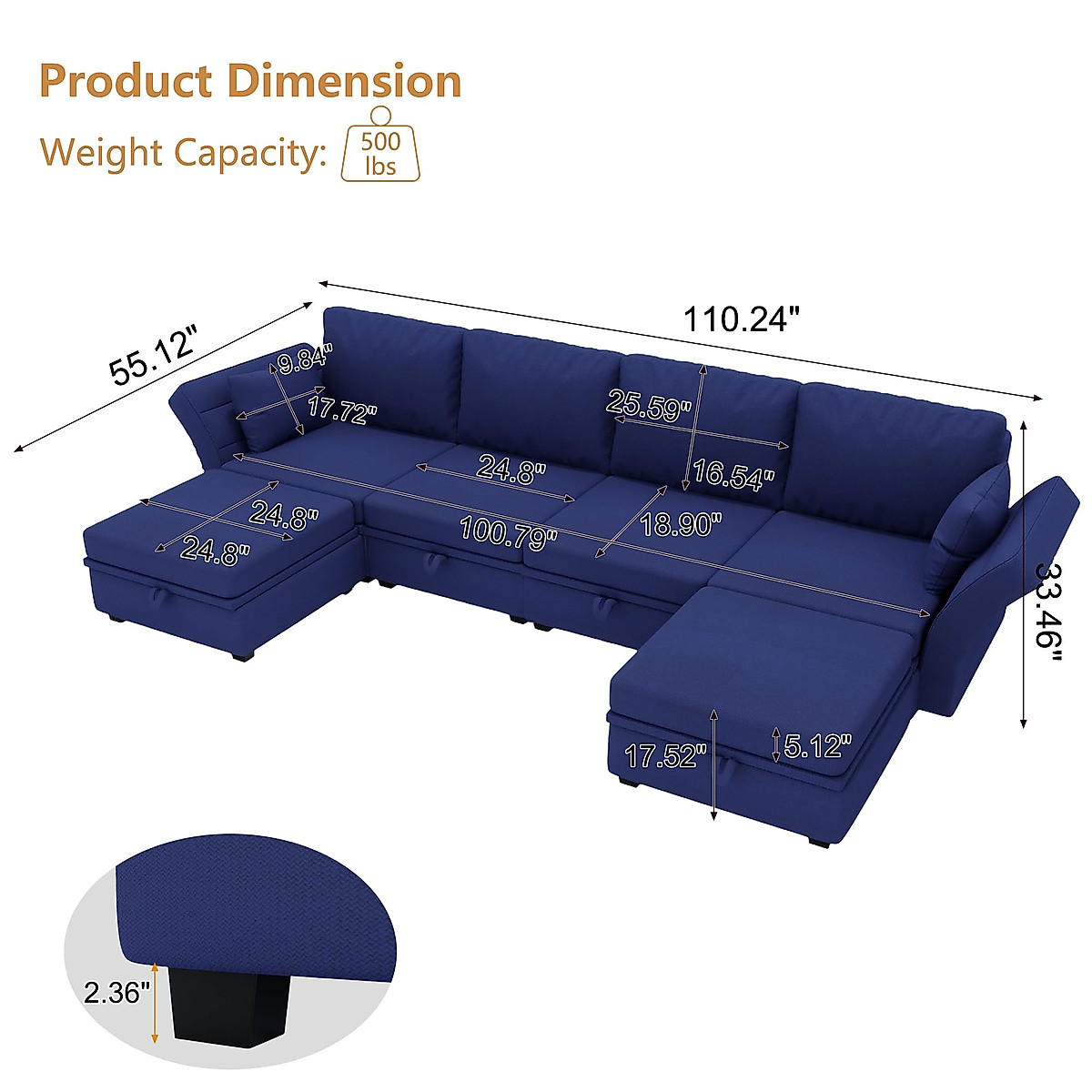 Tmsan 110.2" U Shaped Sectional Sofa Couch, Convertible Modular Sectional Sofa 6 Seat Oversized Modern Fabric Couch with Storage Seat for Living Room Apartment Office (Navy Blue)