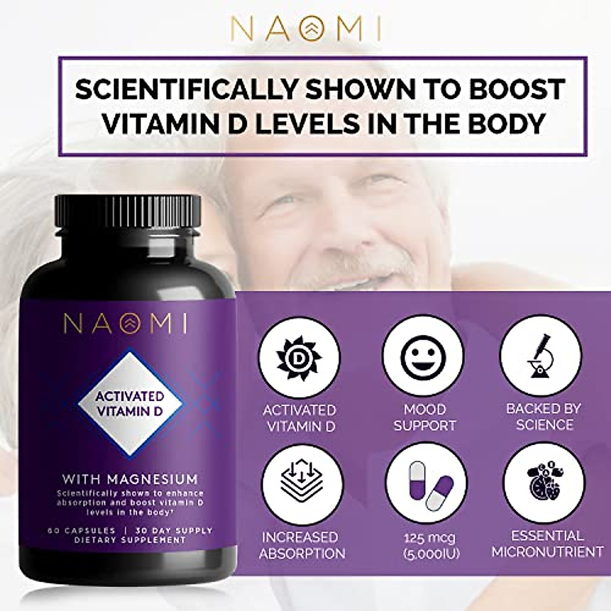 NAOMI Activated Vitamin D, Vitamin D3 5000 IU with Magnesium Supplement, Vitamin D for Strong Bones, Balanced Mood and Optimal Immune Support, K Minerals, D Vitamin IU- 60 Veggie Capsules