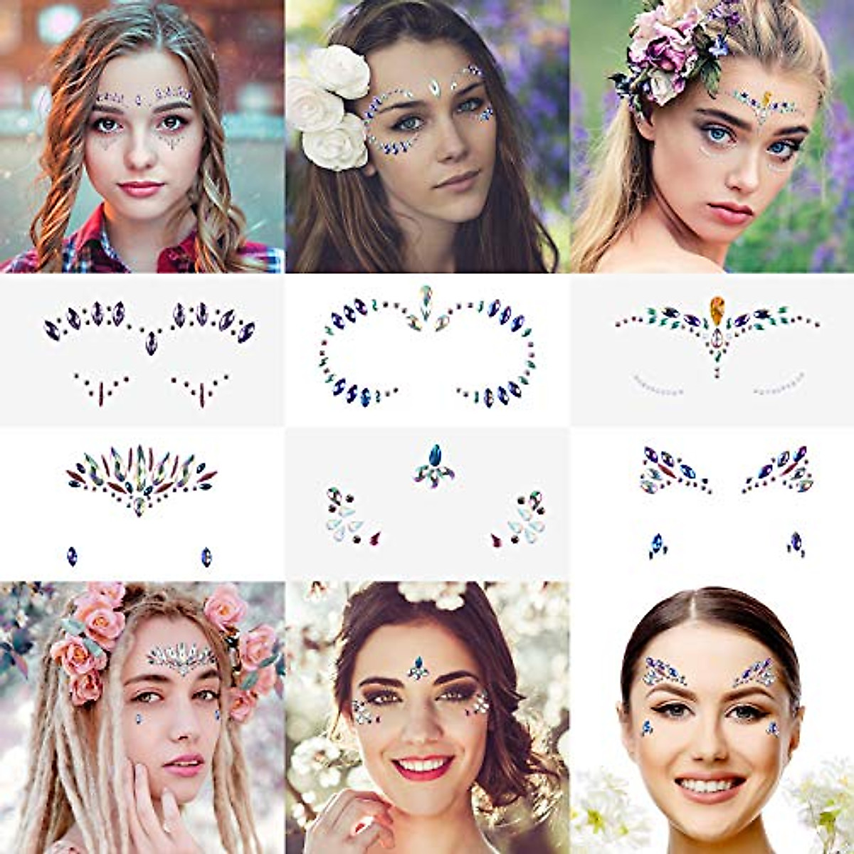 AOMIG Face Gems Glitter, 6 Pcs Rhinestone Face Glitter Stickers, Mermaid Face Jewels Stick On, Crystal Tears Gem Stones Eyes Face Body Temporary Tattoos Stickers for Birthday Party, Rave Makeup