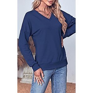 FMEYOA Pullover Sweatshirt for Women Long Sleeve V-Neck Casual Solid Fall Spring Lightweight Shirts Tops