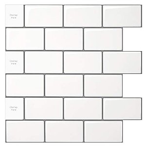 LONGKING 10-Sheet Peel and Stick Tile for Kitchen Backsplash, 12x12 inches Off White Subway Tile with Grey Grout