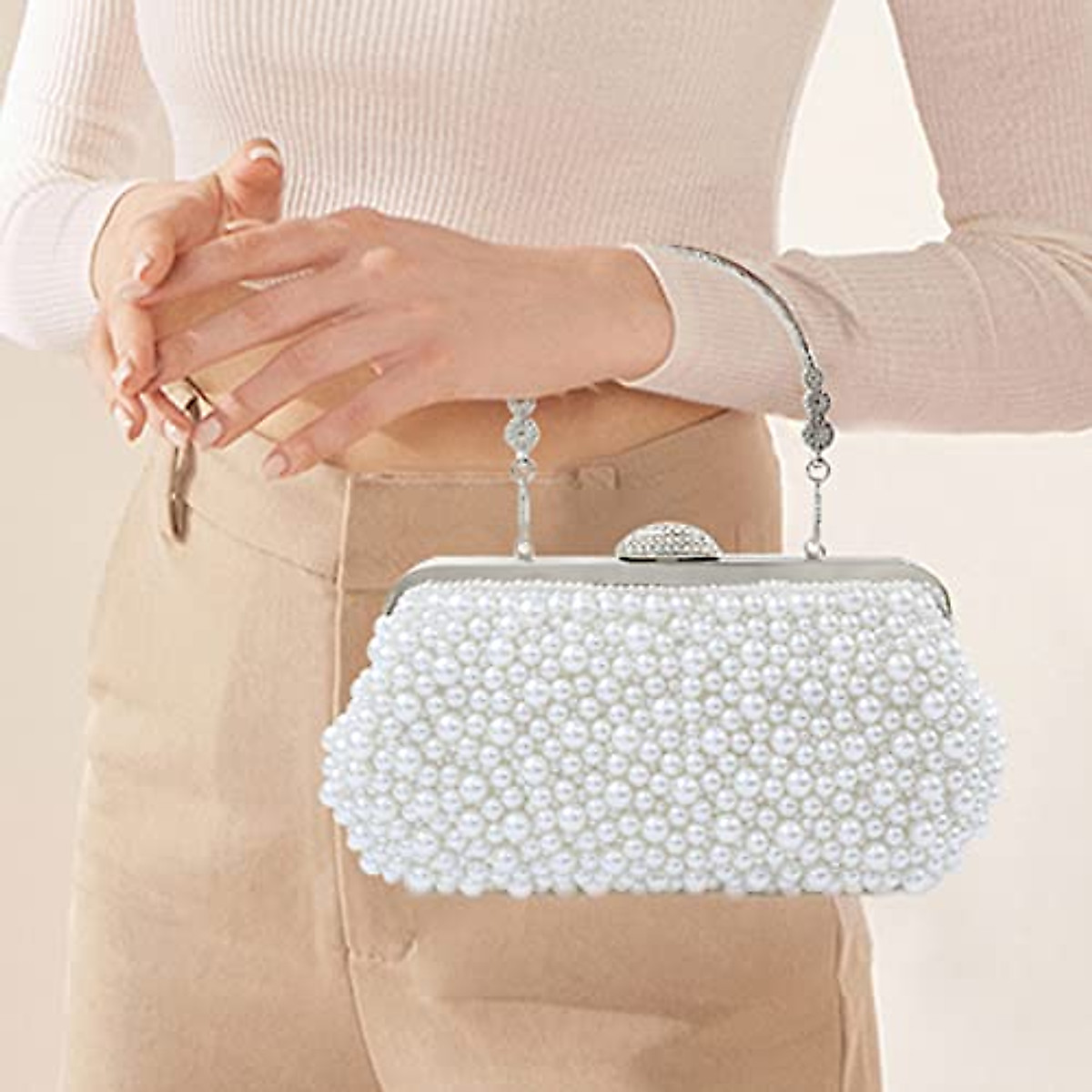ERCULER Topfive Women's White Pearl Beaded Clutch Evening Handbags for Formal Bridal Wedding Clutch Purse Prom Cocktail Party