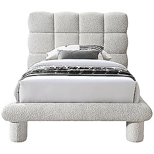 Meridian Furniture DecoCream-T Deco Collection Modern | Contemporary Twin Bed with Rich Cream Boucle Fabric and Deep Channel Biscuit Tufting, 49.25" W x 84.5" D x 45.5" H, Cream, Twin