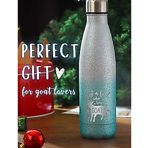 Onebttl Goat Gifts for Goat lovers, Glitter Silver-Blue Water Bottle for Women/Girls, Just a Girl who Loves Goats, Stainless Steel Insulated Bottle, Gift Box and Greeting Card Included