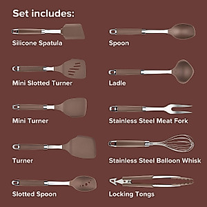 Anolon Tools Set/Nonstick Nylon Cooking Utensils/Kitchen Gadgets Includes Spoons, Turners, Ladle, Meat Fork, Whisk, and Locking Tongs, 10 Piece, Bronze