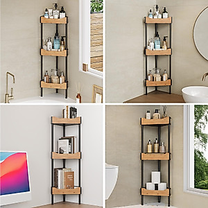 Thideewiz Corner Shower Caddy Standing, 3 Tier Shower Organizer, Wood Bathroom Stand Up Caddy Basket for Shampoo,with Adjustable Feet & 4 Hooks,Standing Tall Floor Shower Shelf and Bathroom Organizer