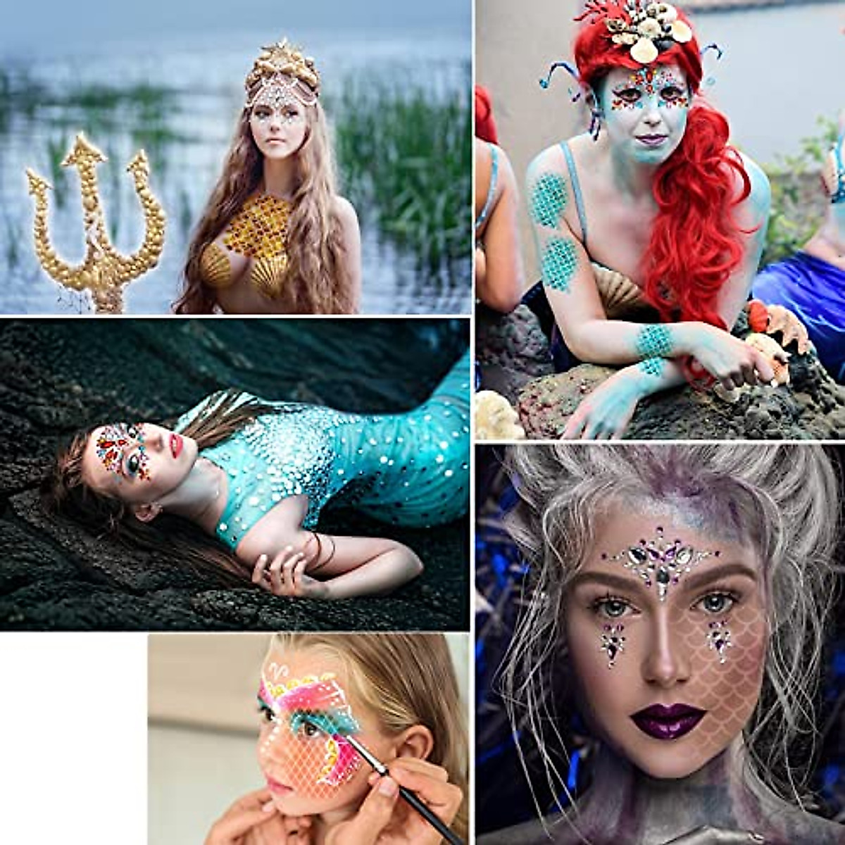 Mermaid Makeup Kit Mermaid Face Paint Scale Stencil and Gems Stickers with12 Bottles Holographic Glitter Mermaid Costume Tattoo Accessories for Women Festival Rave Carnival Party (7pcs Mermaid scale)